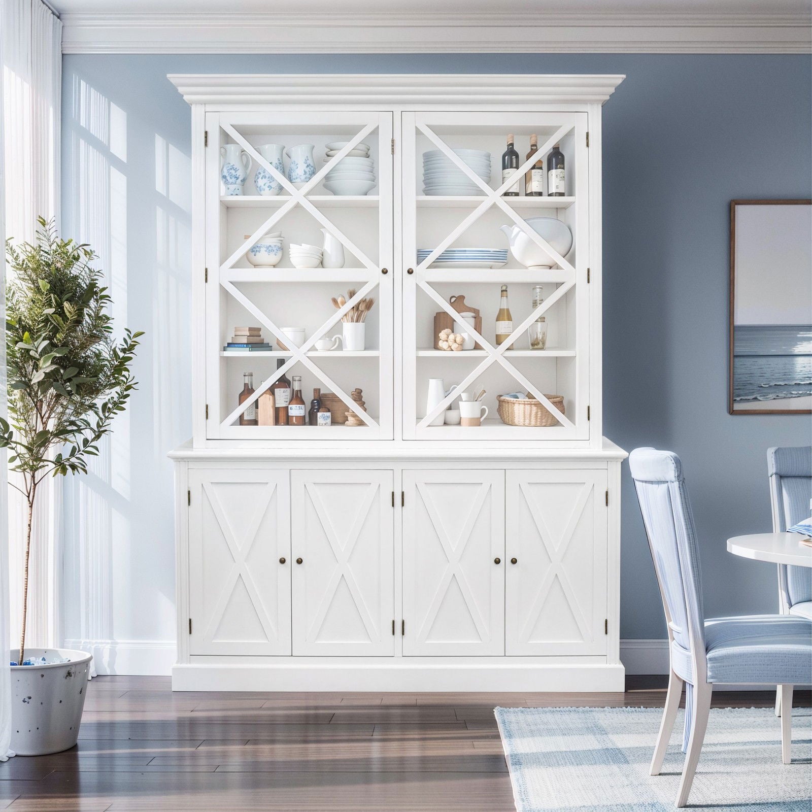 Hamptons Coastal Beach Cross Glass Door Hutch & Buffet Cabinet | La ...